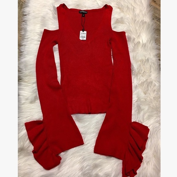 Express | Tops | Nwt Ribbed Red Cold Shoulder Bell Sleeve Top | Poshmark